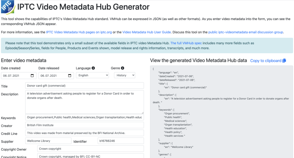 IPTC's Video Metadata Hub Generator tool released - IPTC