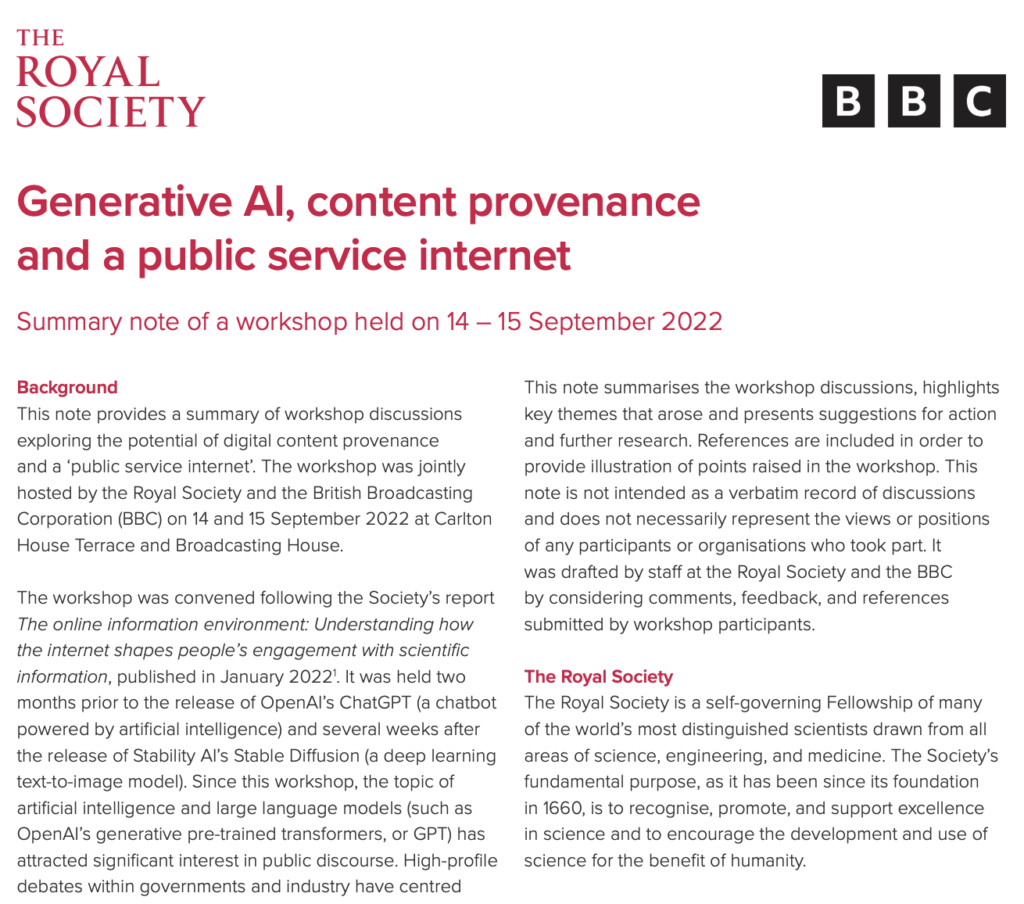Royal Society/BBC workshop on Generative AI and content provenance - IPTC